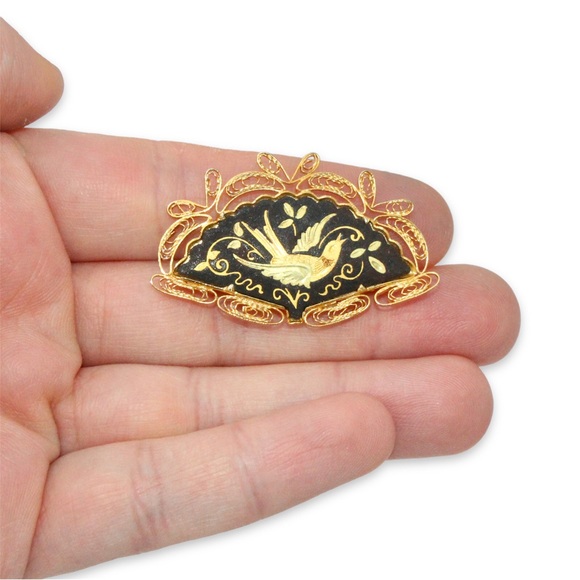 Jewelry | Vintage Spanish Damascene Bird Brooch Gold Tone Cannetille ...
